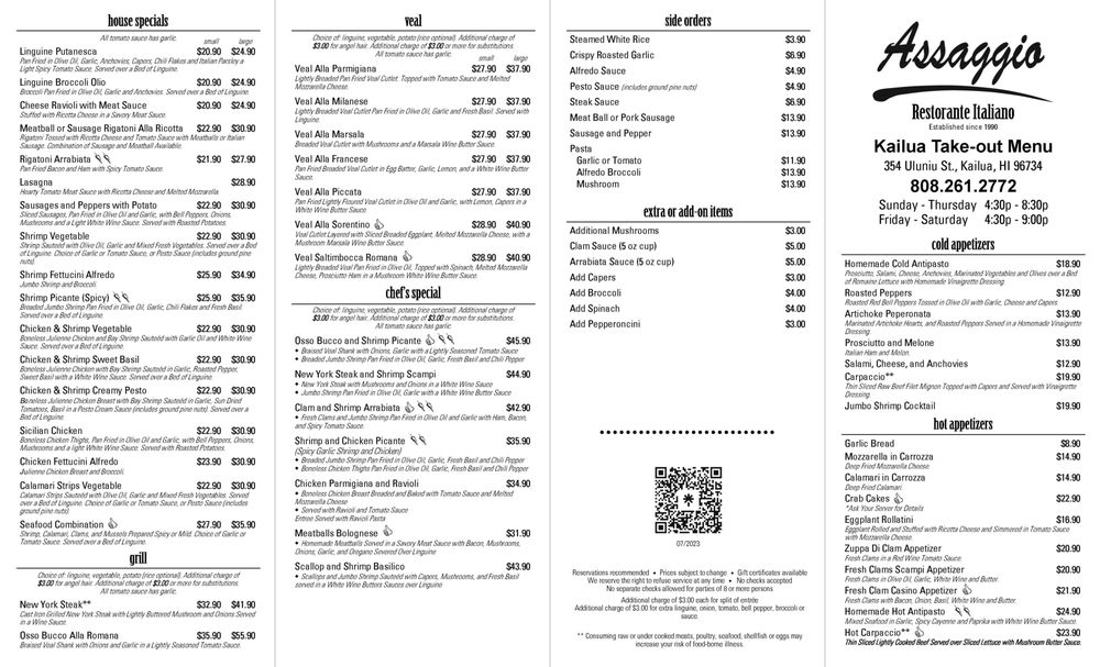 Assaggio Italian Restaurant Menu (Full Menu Update 2026)