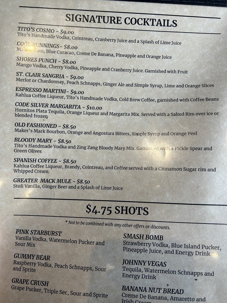 Shores Inn Food Spirits Menu (Full Menu Update 2026)