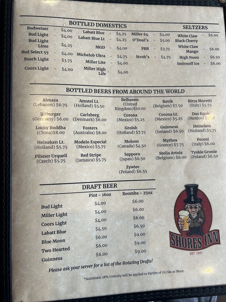 Shores Inn Food Spirits Menu (Full Menu Update 2026)