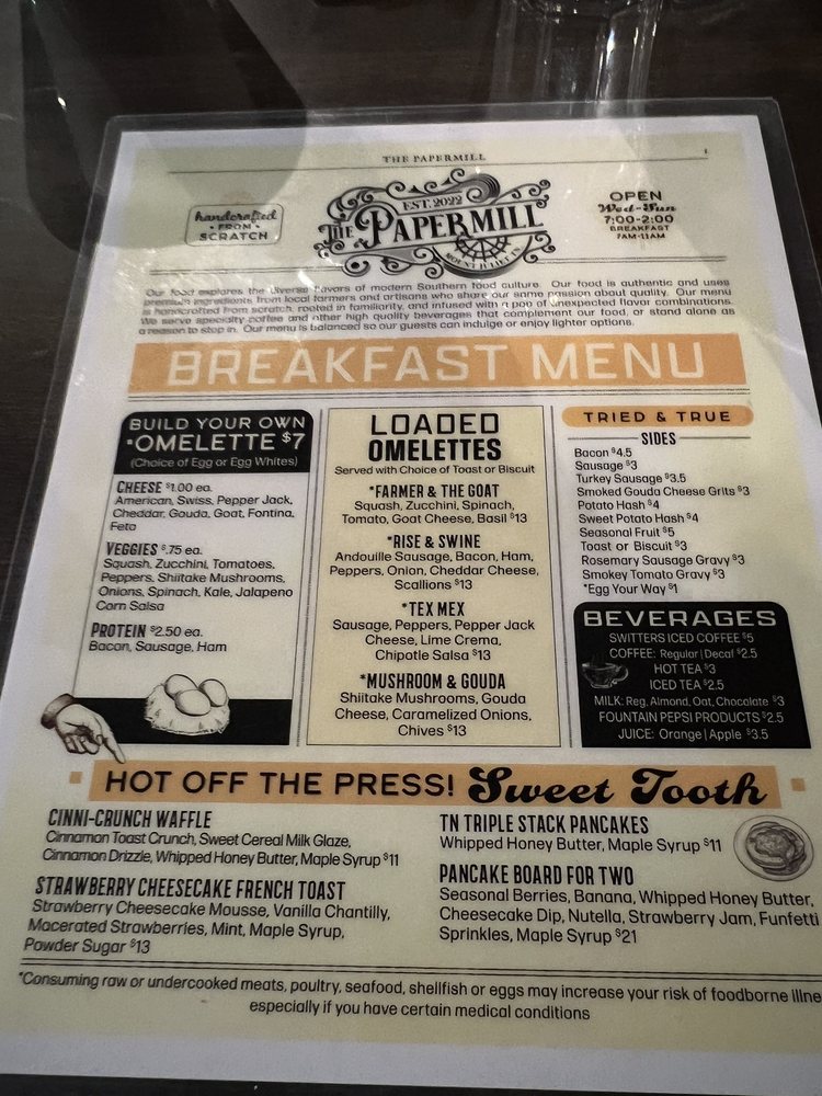 The Paper Mill Menu (Full Menu Update 2026)